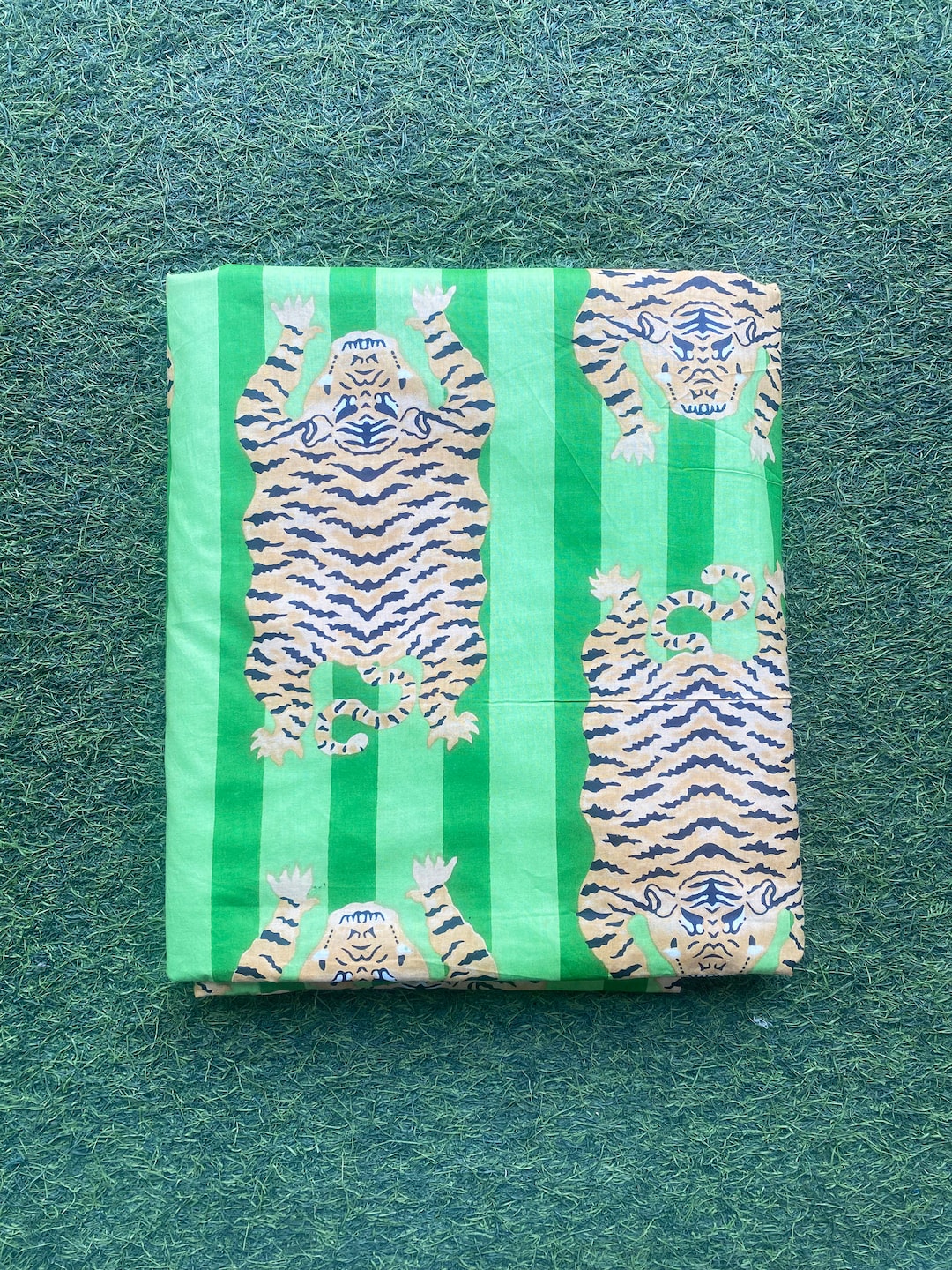 Hand Block Printed Tiger Cotton Fabric, Green Stripe Dress Material - Etsy