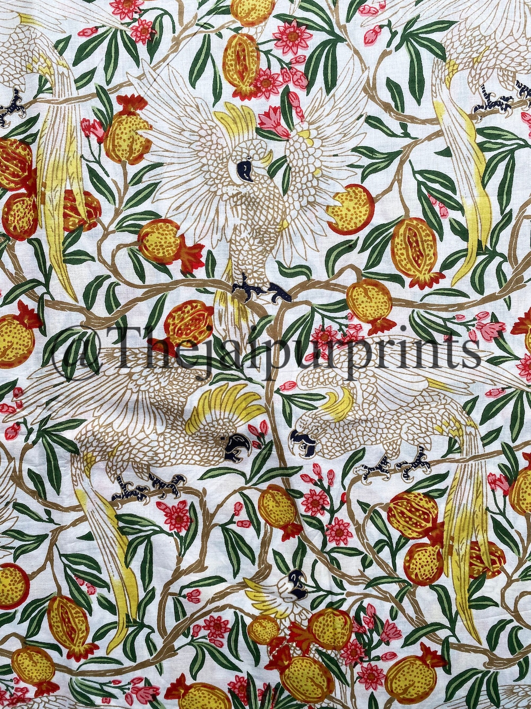Tropical Parrot Fabric Panel White/black, Exotic Birds With Pomegranate ...