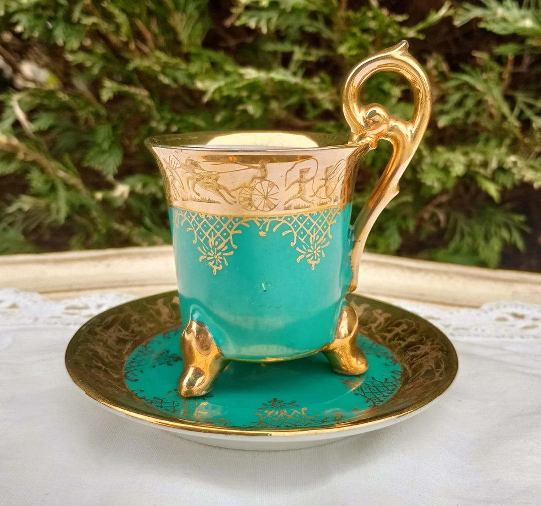 Green/gold Footed Teacup Decorated on the Edges With Roman Figure - Etsy