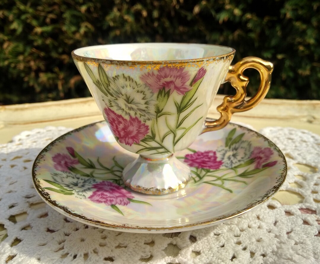 Lovely Little Lusterware Vintage Teacup and Saucer Decorated With Pink ...