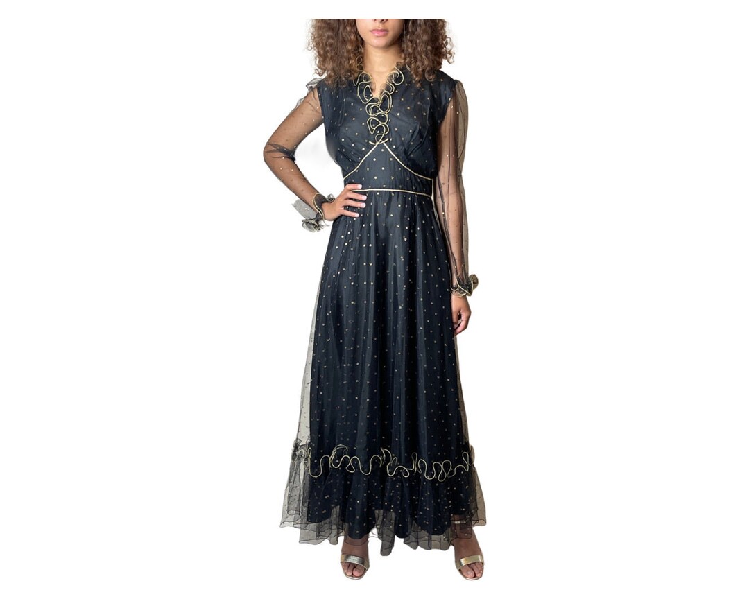 1970's Original Vintage Black Lace & Gold Polka Dot Dress - Etsy