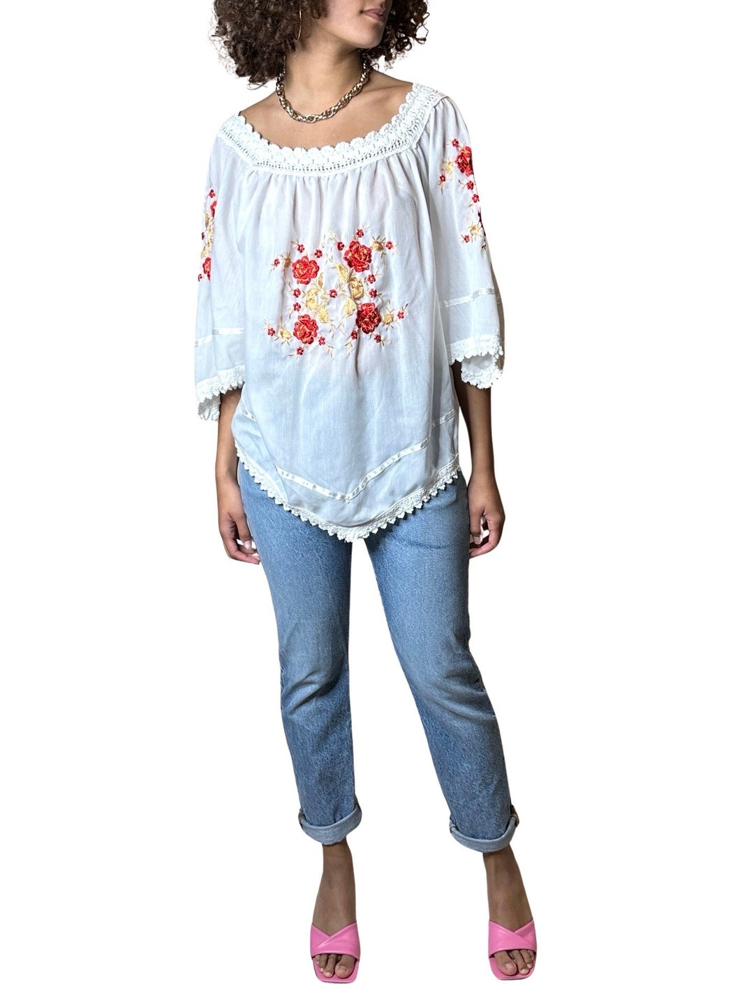Original Vintage White Embroidered Floral Top UK 8 14 - Etsy