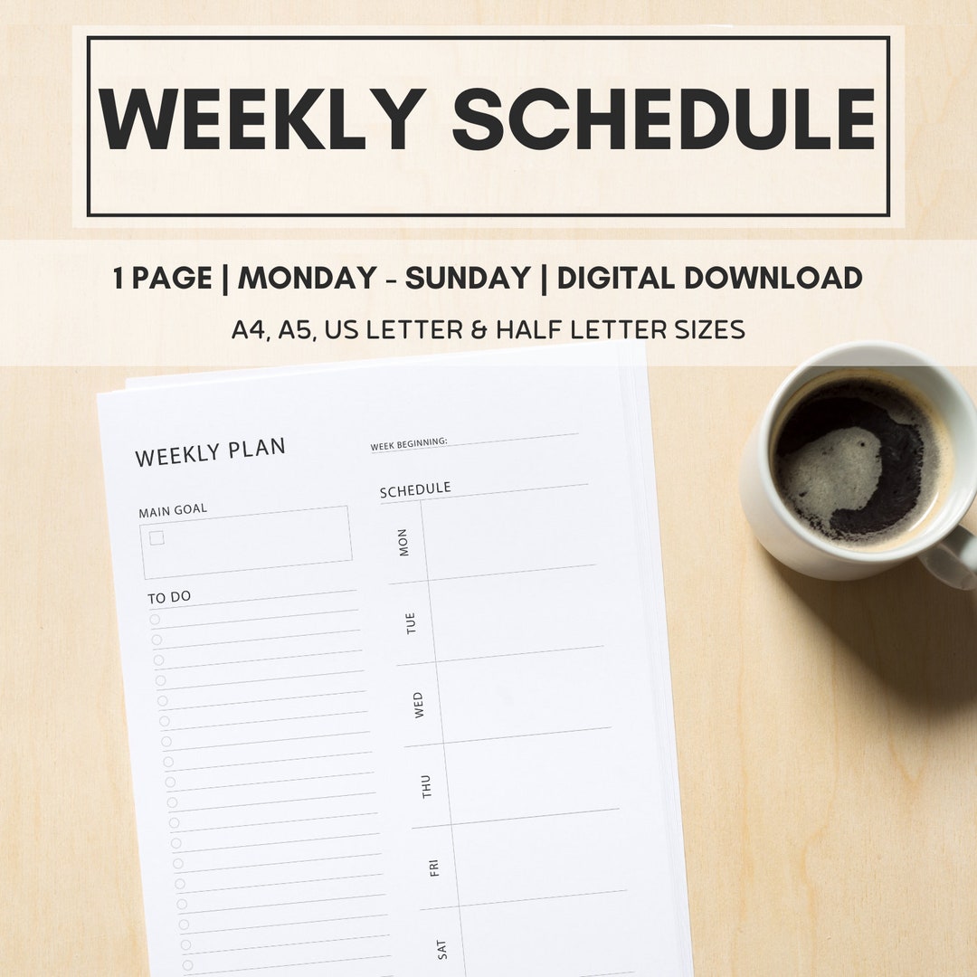 Printable Weekly Schedule Planner, Monday to Sunday, Weekly Planner ...