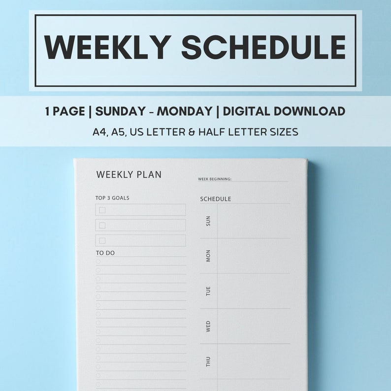 Printable Weekly Schedule Planner, Sunday to Monday, Weekly Planner ...