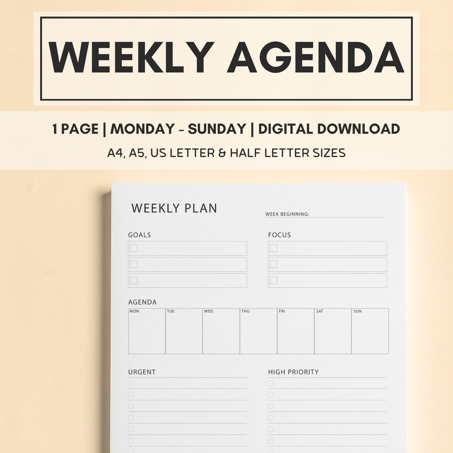 Printable Weekly Agenda Planner, Monday to Sunday, Weekly Planner ...