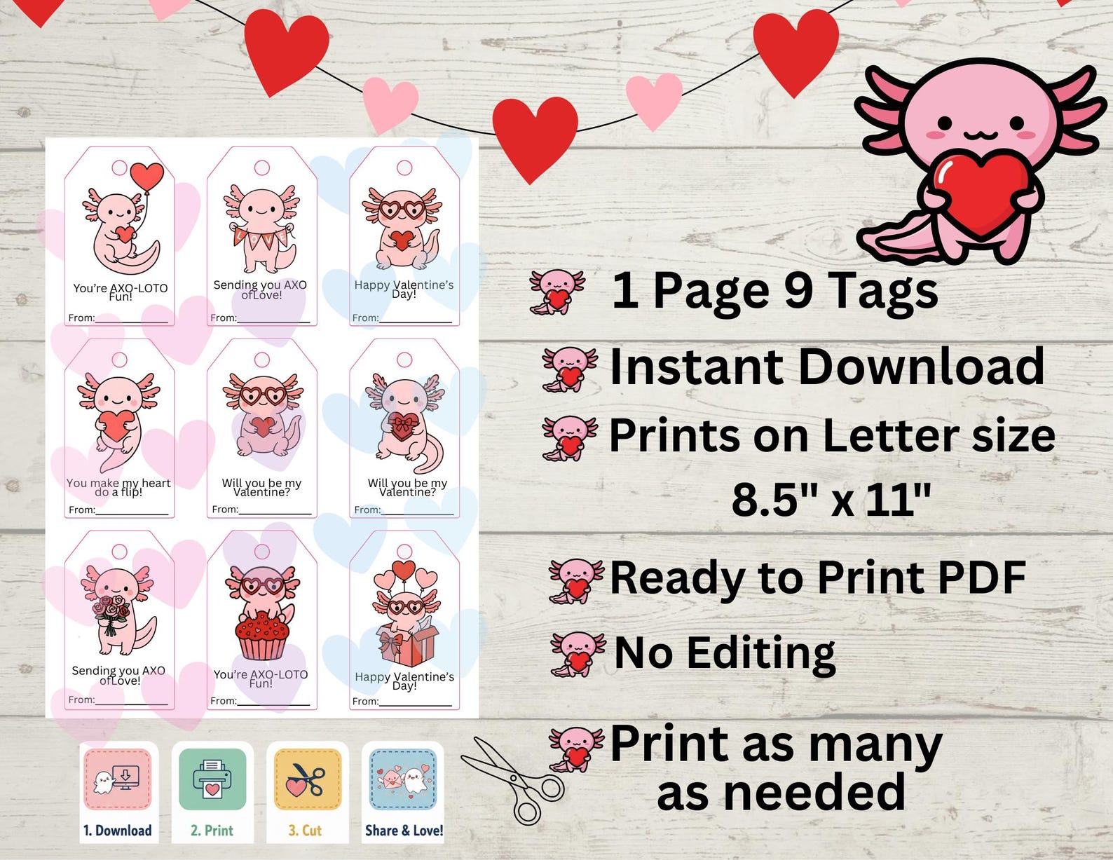 Printable Axolotl Valentine Tags | Kids Classroom Gift Tags | Instant ...