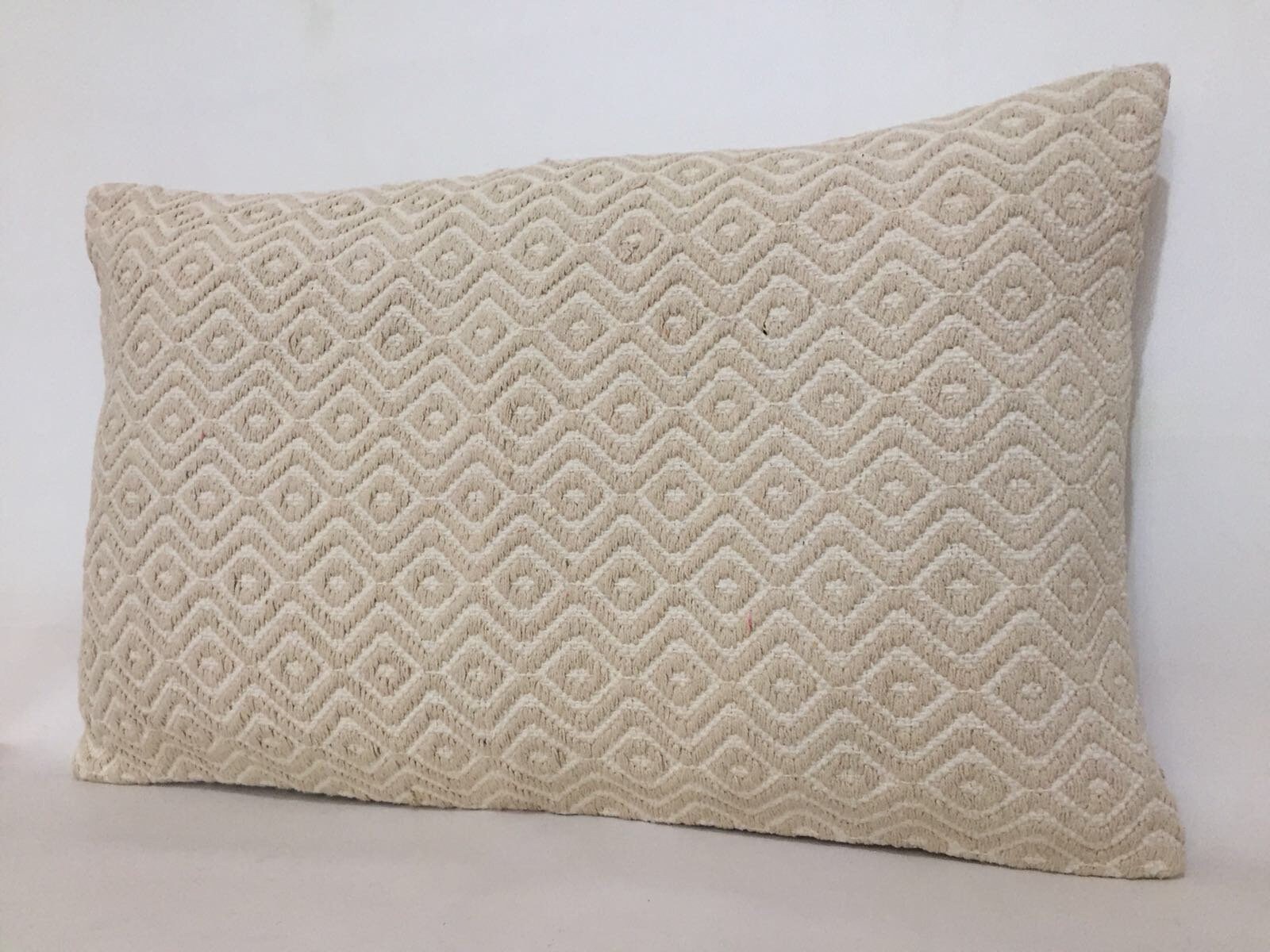 Handmade Cotton Lumbar Pillow Cover, Cream Geometric Cushion (18x30 ...