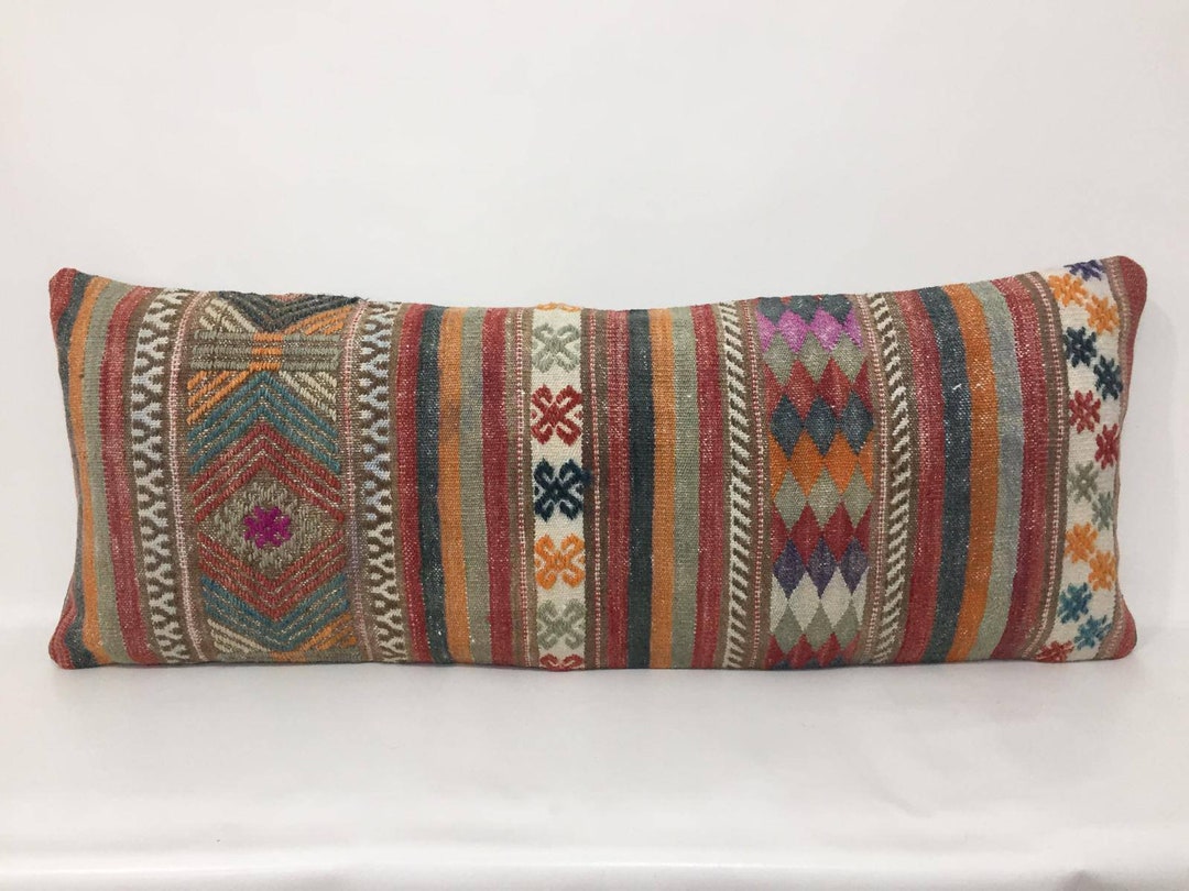 Hand Woven Wool Lumbar Pillow, Unique Vintage Long Throw Pillow ...