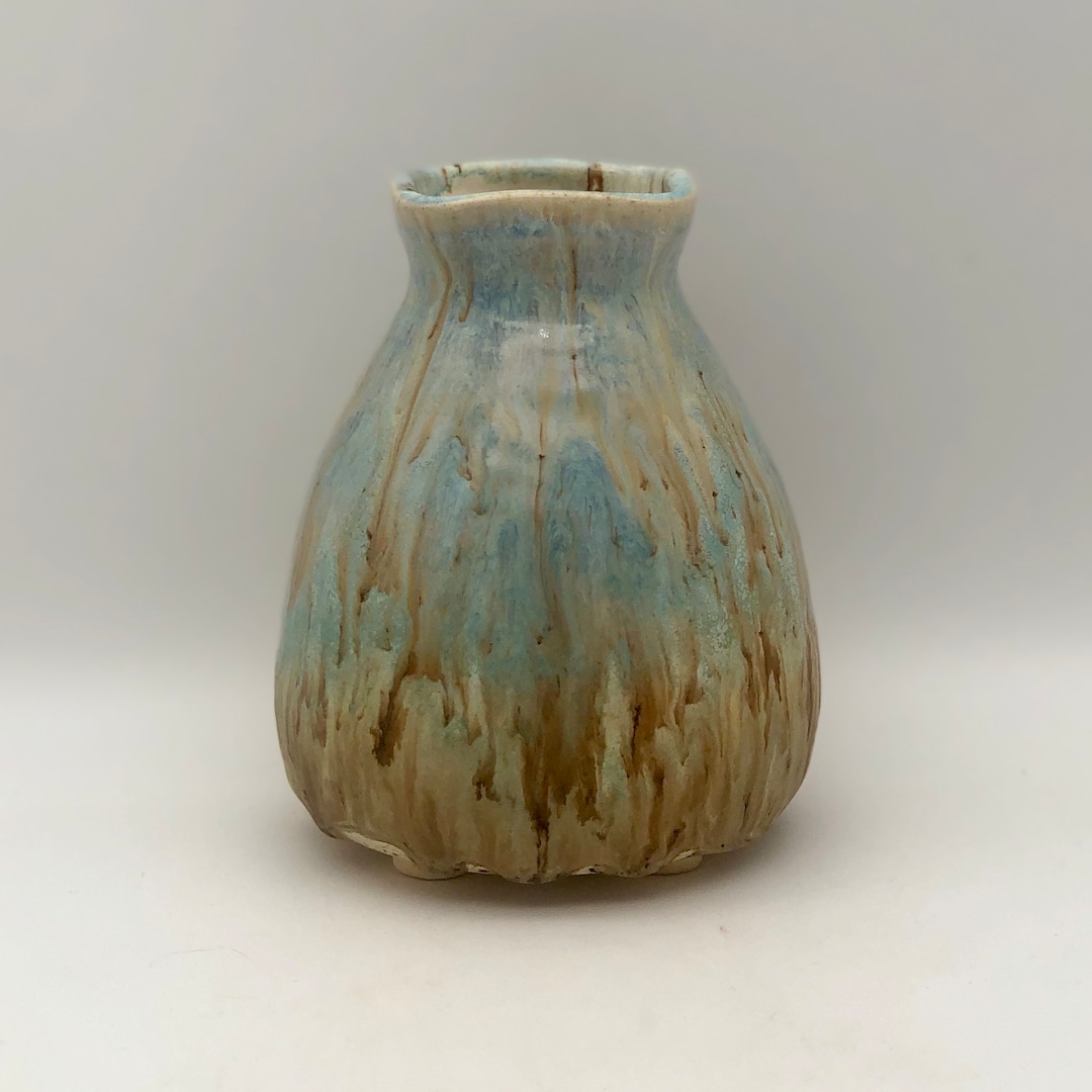 Seascape Wheel Thrown Footed Stoneware Vase With Squared Rim - Etsy