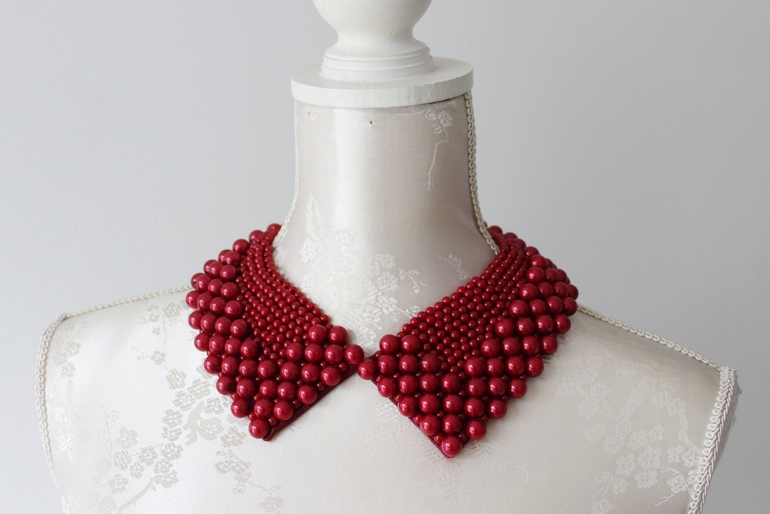 Cherry Red Collar Necklace With Pearls Beads Pointy Shape Detachable ...