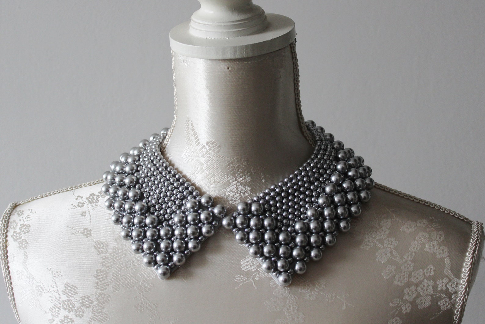 Beaded Collar Necklace With Grey Graphite Pearls Beads Pointed Shape ...