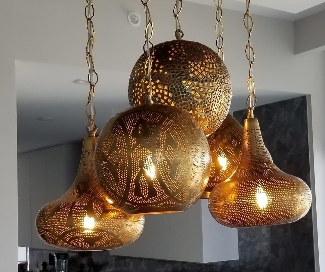 5 Round Brass Moroccan Pendant Lamps (hand-pierced Shadow Caster, 12 ...
