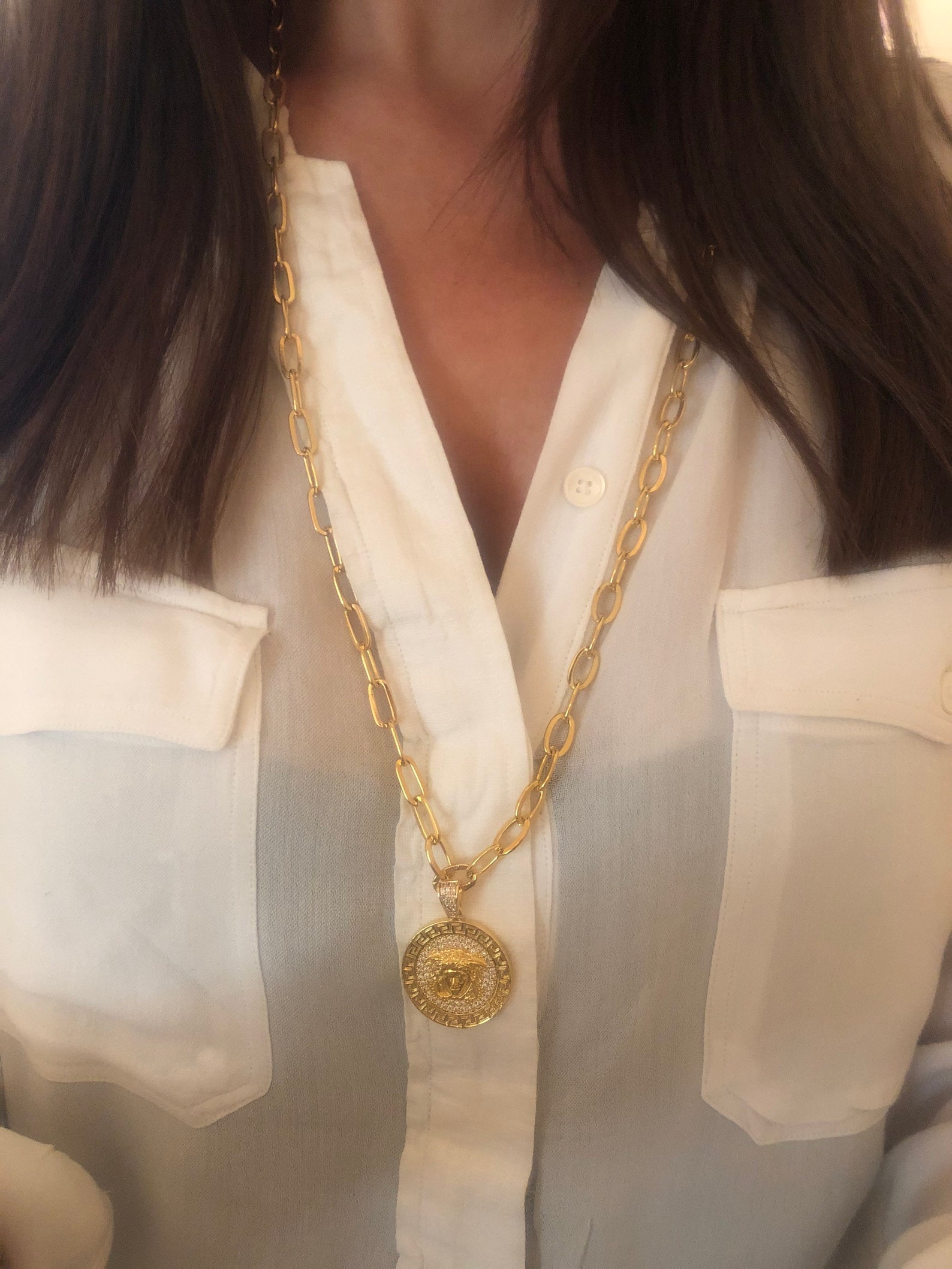 Gold Chunky Chain Medusa Necklace Blue Evil Eye Jewel Xmas | Etsy