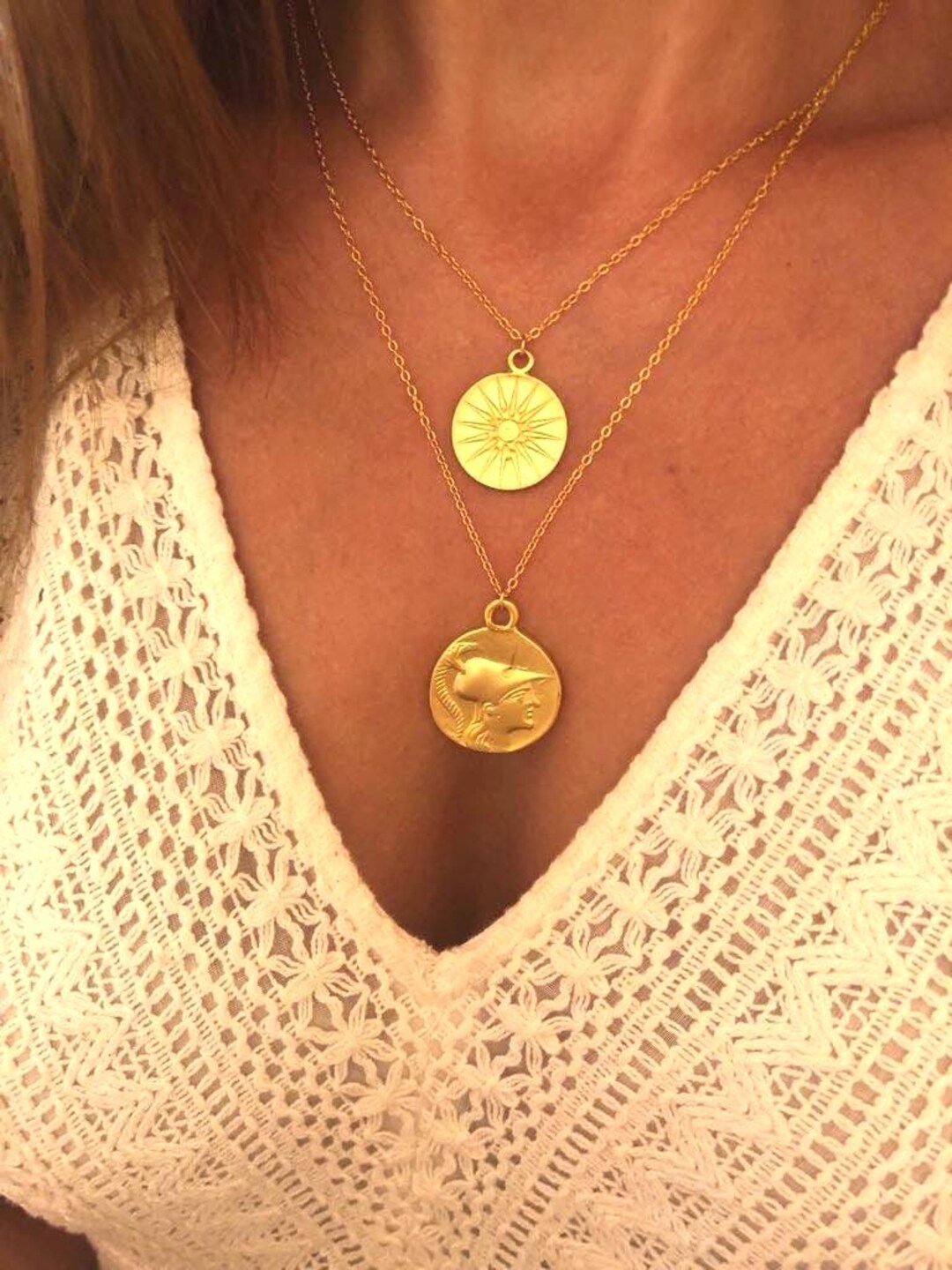 Macedonian Sun & Athena Coin Necklace Set: 24k Gold Plated Greek ...