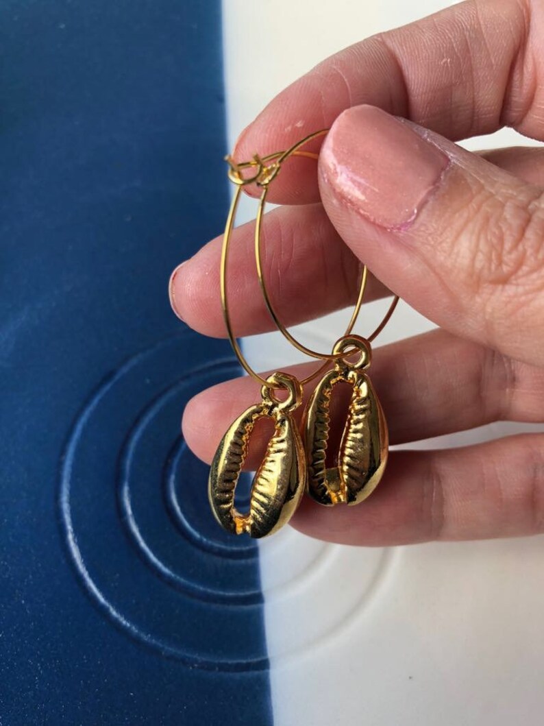 Gold Shell Hoop Earrings Cowrie Charm Earrings | Etsy