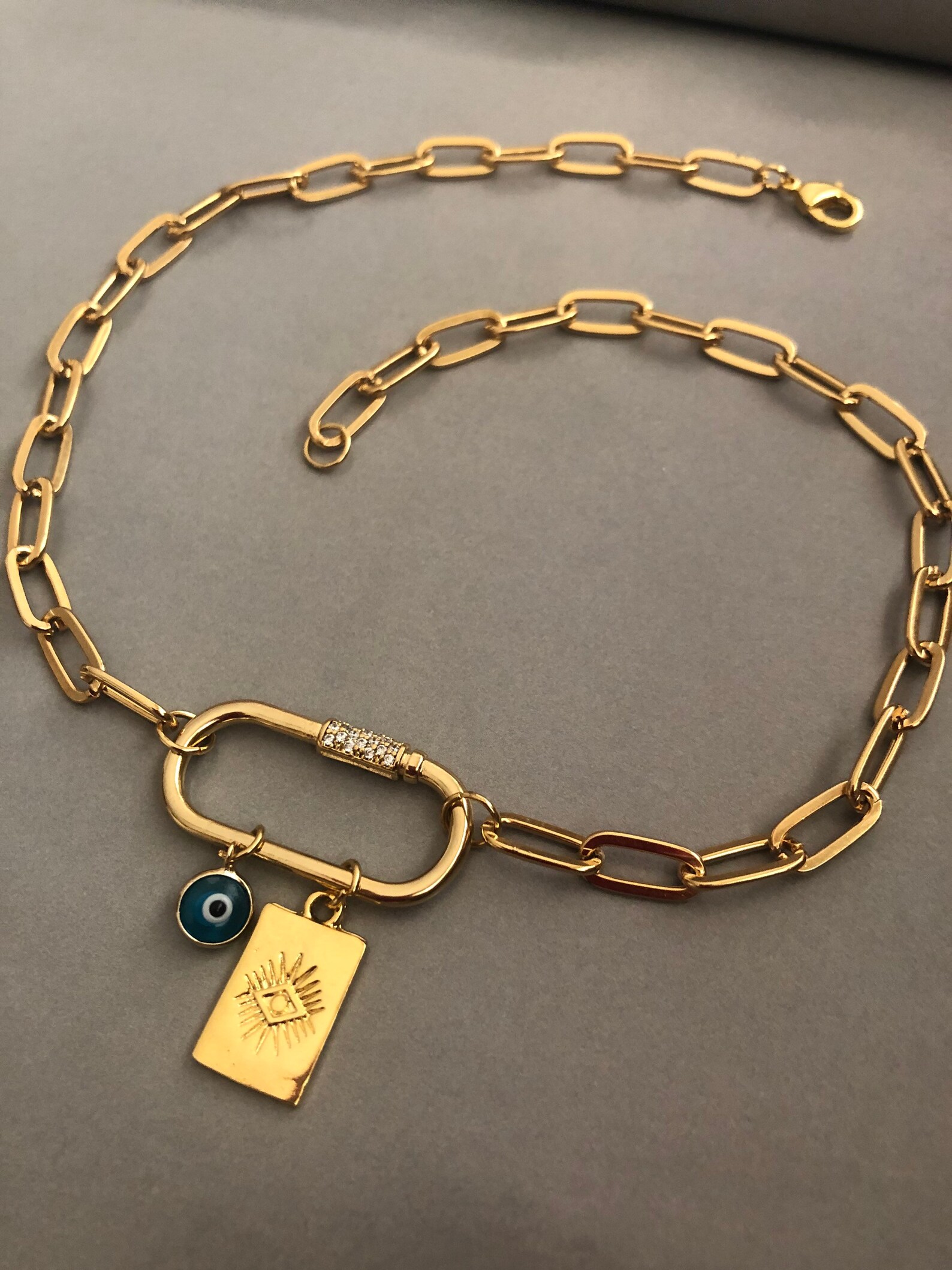 Gold Chunky Chain Jewel Evil Eye Tag Necklace Xmas Gift | Etsy