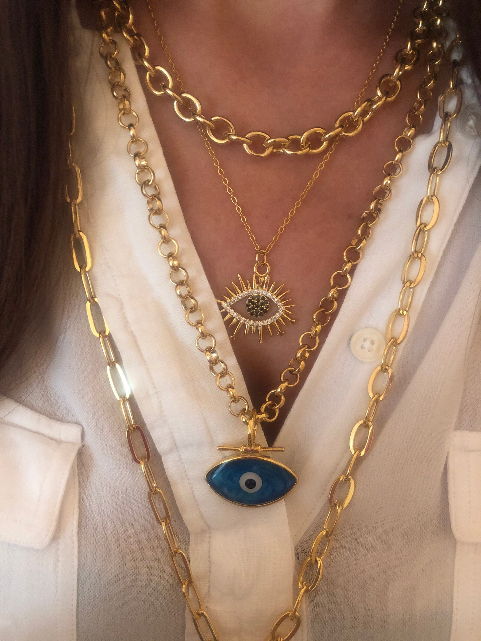 Gold Chunky Chain Medusa Necklace Blue Evil Eye Jewel Xmas | Etsy