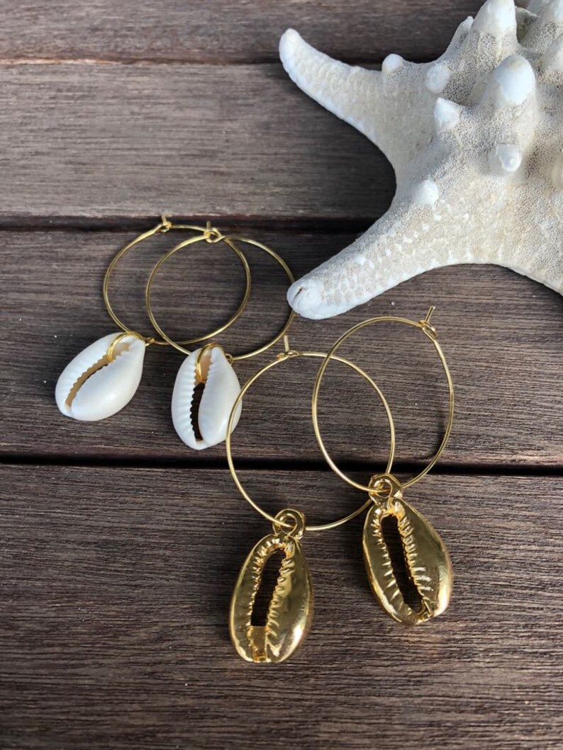 Gold Shell Hoop Earrings Cowrie Charm Earrings | Etsy