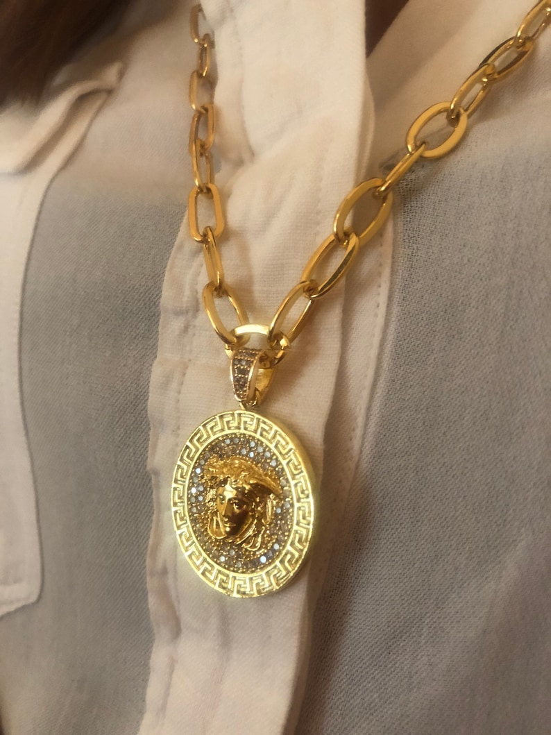 Gold Chunky Chain Medusa Necklace Blue Evil Eye Jewel Xmas | Etsy