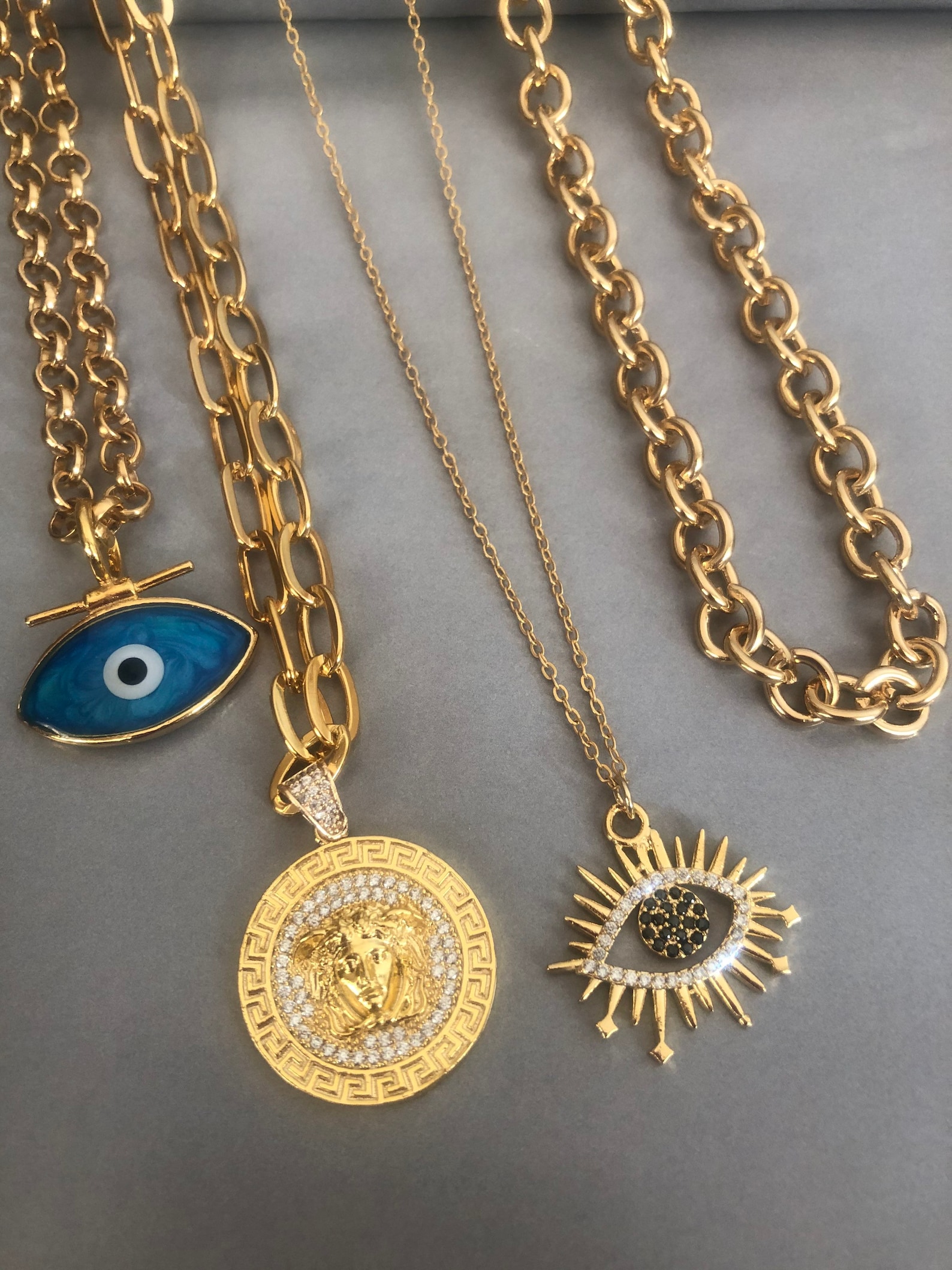 Gold Chunky Chain Medusa Necklace Blue Evil Eye Jewel Xmas | Etsy