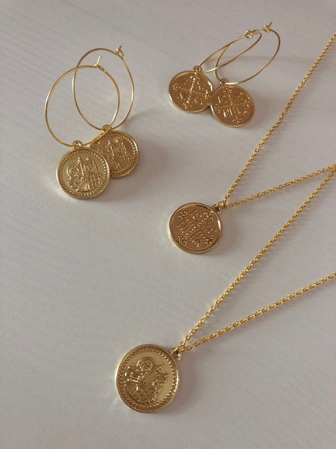 Gold Coin Cross Earrings Xmas Gift Orthodox Byzantine Hoops | Etsy