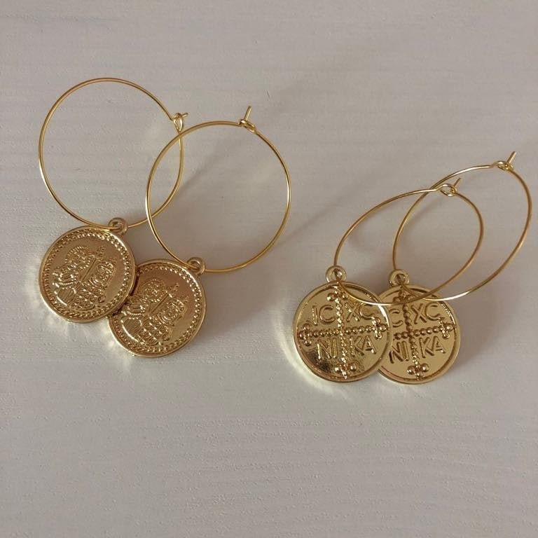 Gold Coin Cross Earrings Xmas Gift Orthodox Byzantine Hoops - Etsy