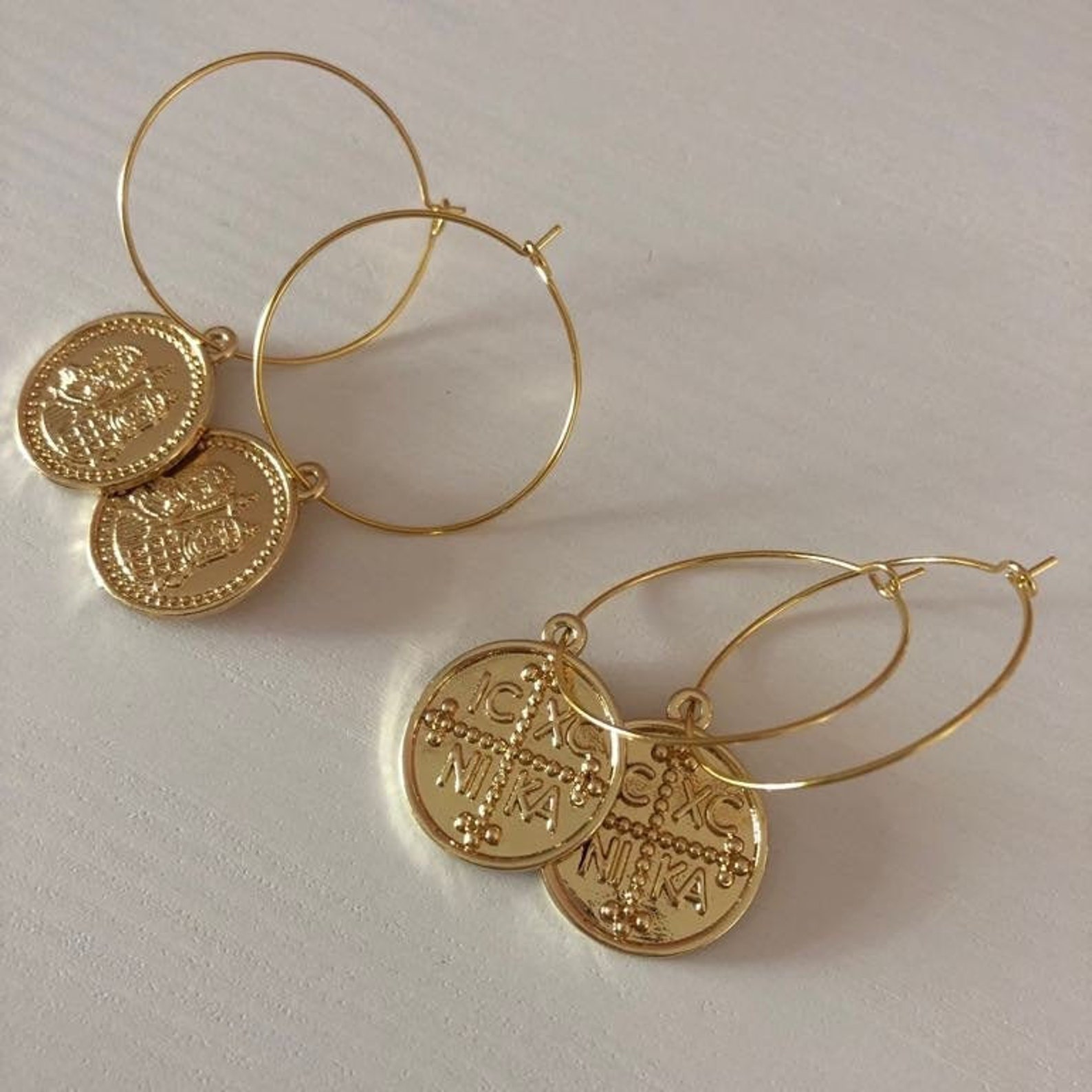 Gold Coin Cross Earrings Xmas Gift Orthodox Byzantine Hoops | Etsy