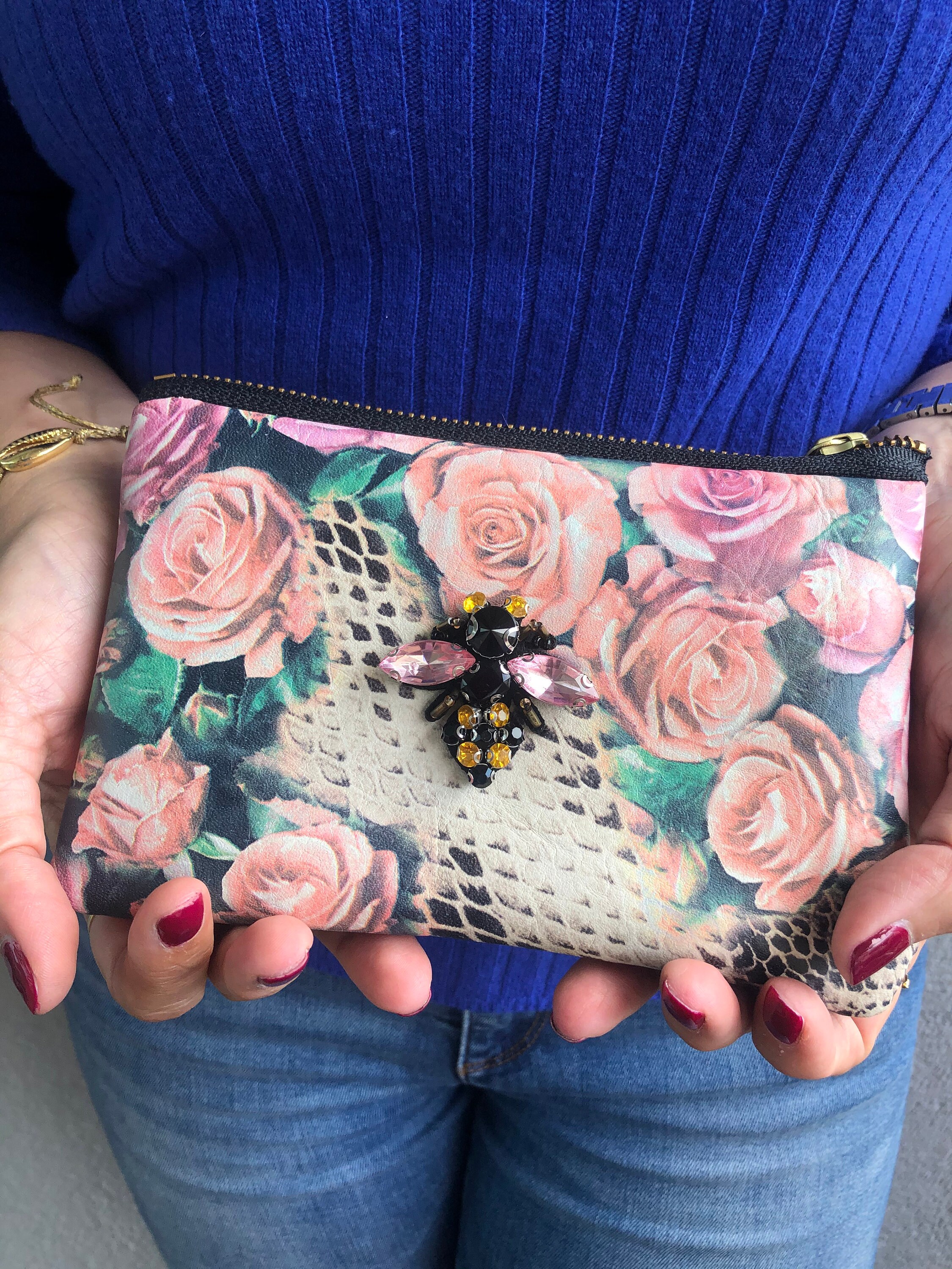 Roses on Snake Print Leather Pouch Cowhide Purse Luxury Xmas - Etsy