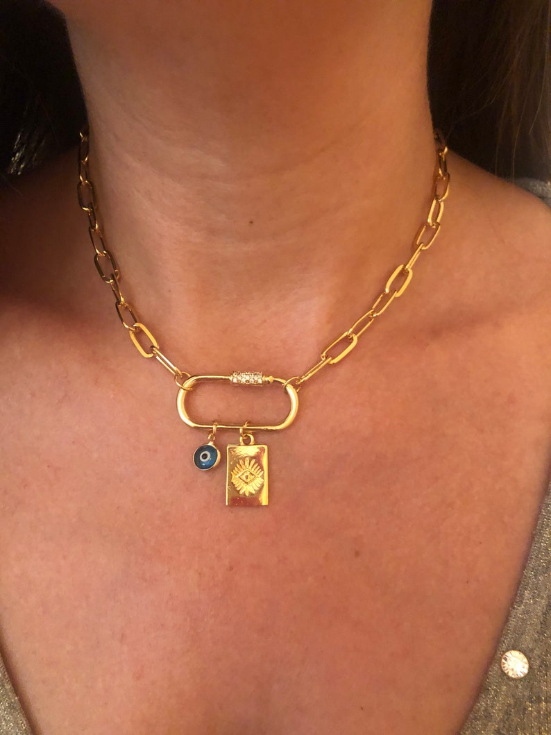 Gold Chunky Chain Jewel Evil Eye Tag Necklace Xmas Gift | Etsy