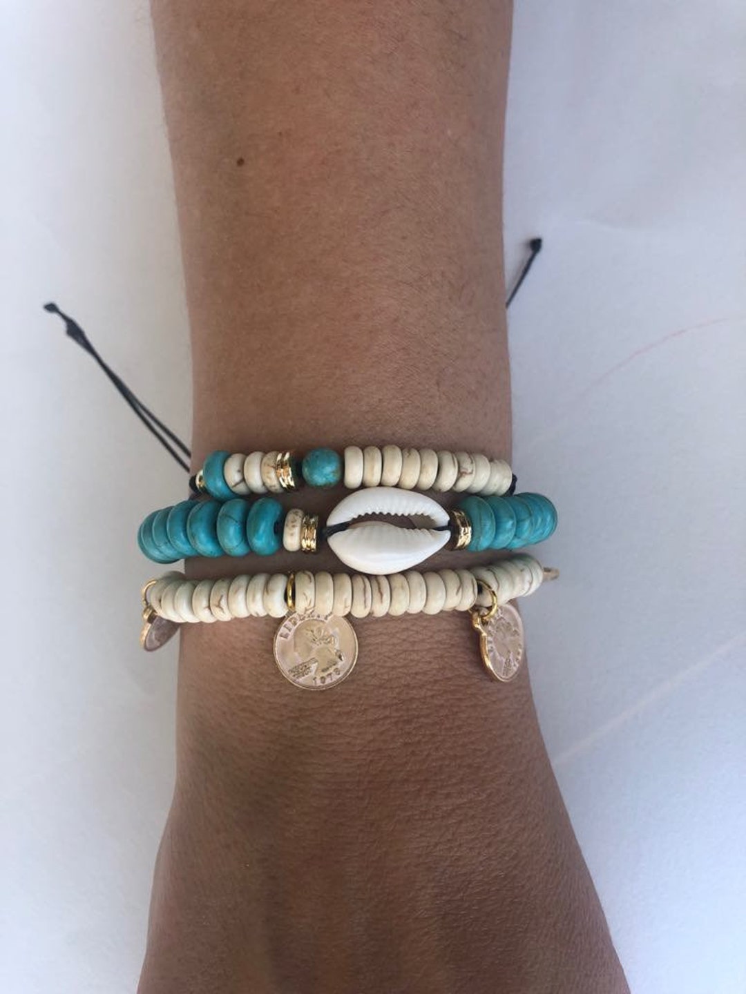 Boho Bracelet Set, Cowrie Turquoise Bracelet, Beaded Shell Bracelet ...