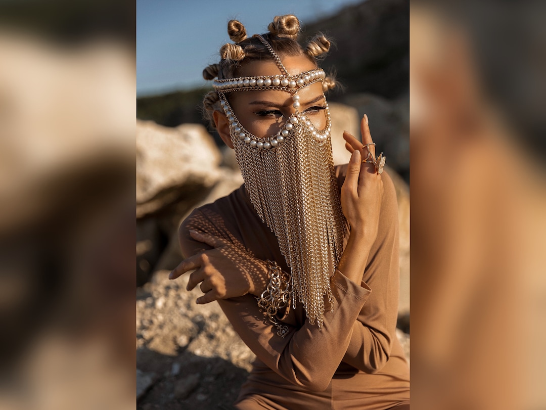 Gold Face Chain Mask Arabic Style Jewelry Face Chain Burning Man Outfit ...