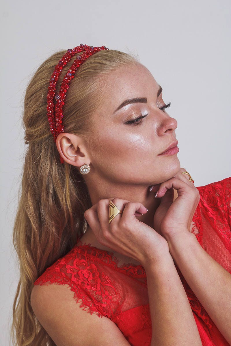 Double Headband Band Tiara Red Jewelry for Girlfriend Gift Beaded ...