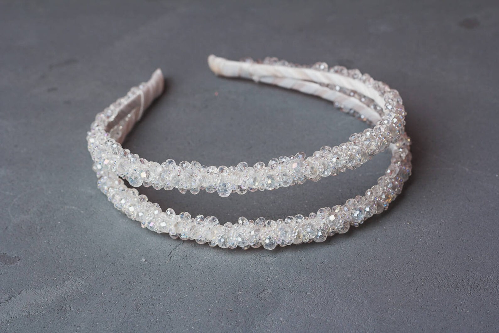 Bridal Thin Headband Double Band Tiara White Clear Beaded Headband ...