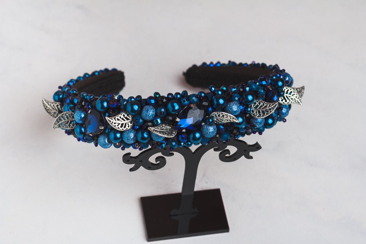 Jeweled headband Navy blue dolce Beaded headband for woman | Etsy