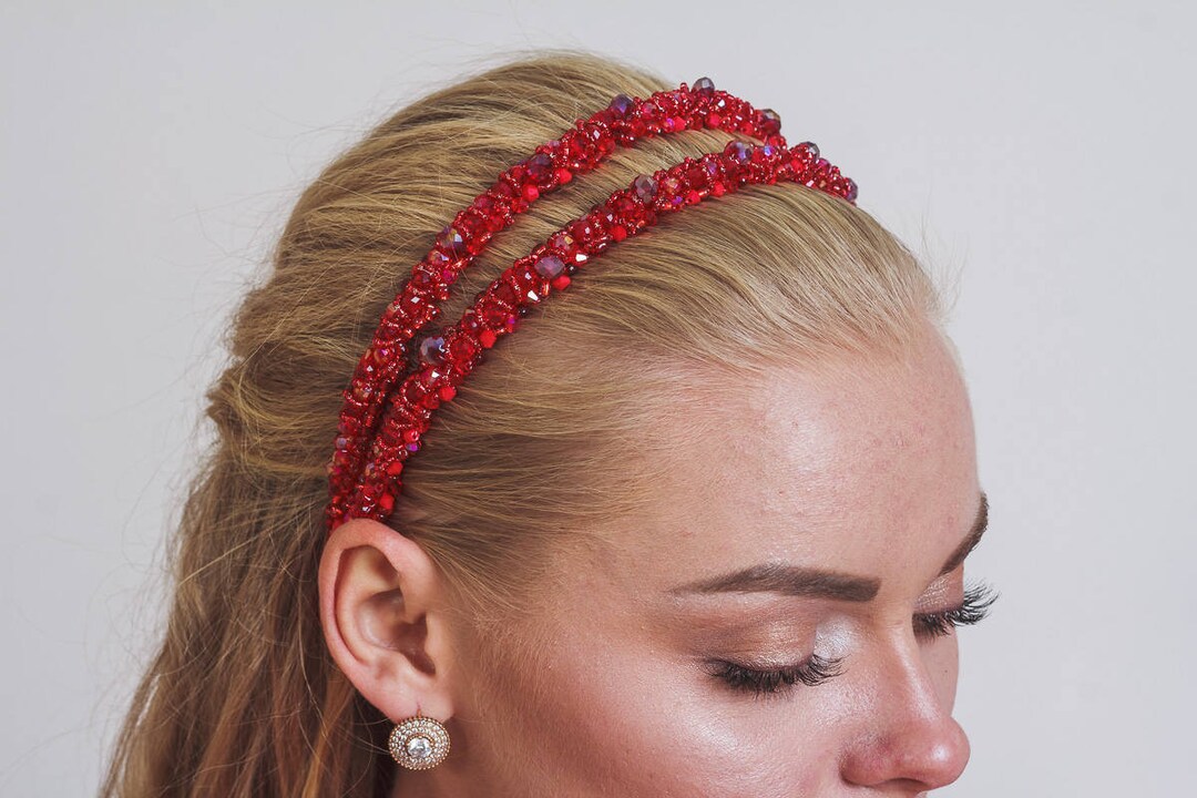 Red Beaded Double Headband - Jeweled Wedding Tiara - Etsy