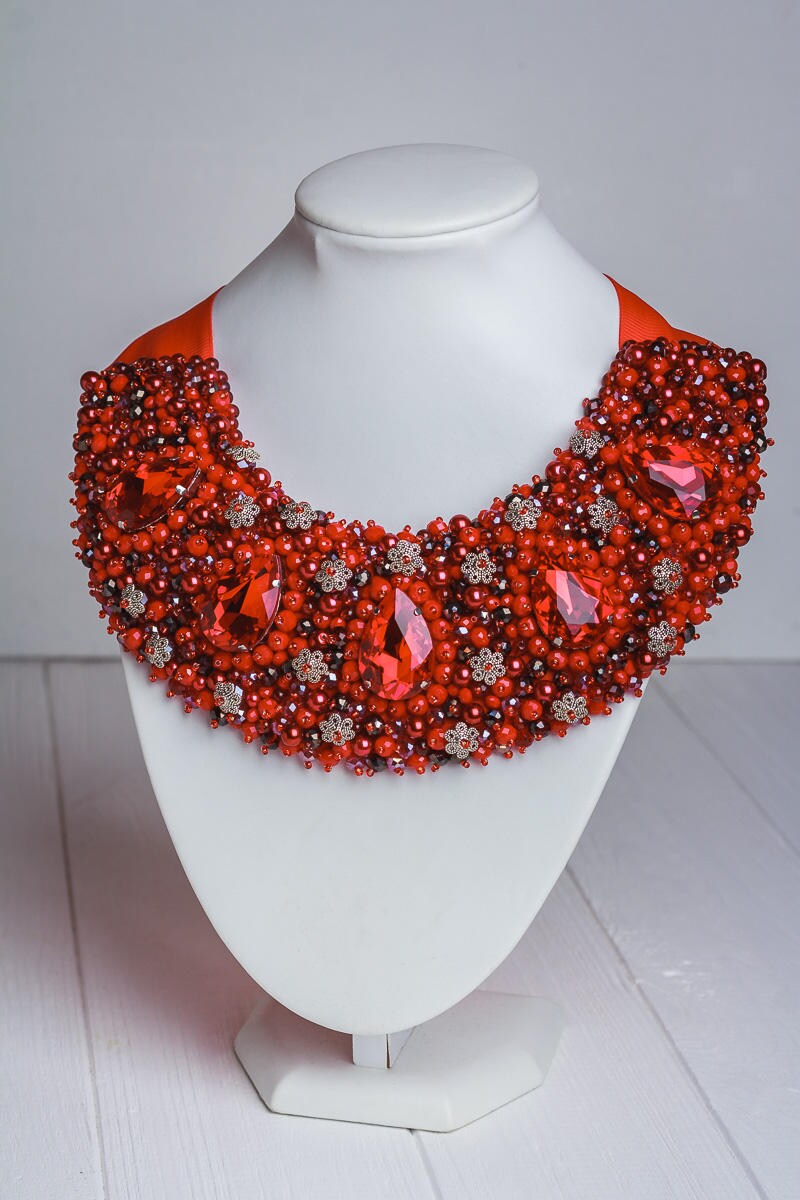 Statement massive necklace Red beaded embroidered necklace | Etsy