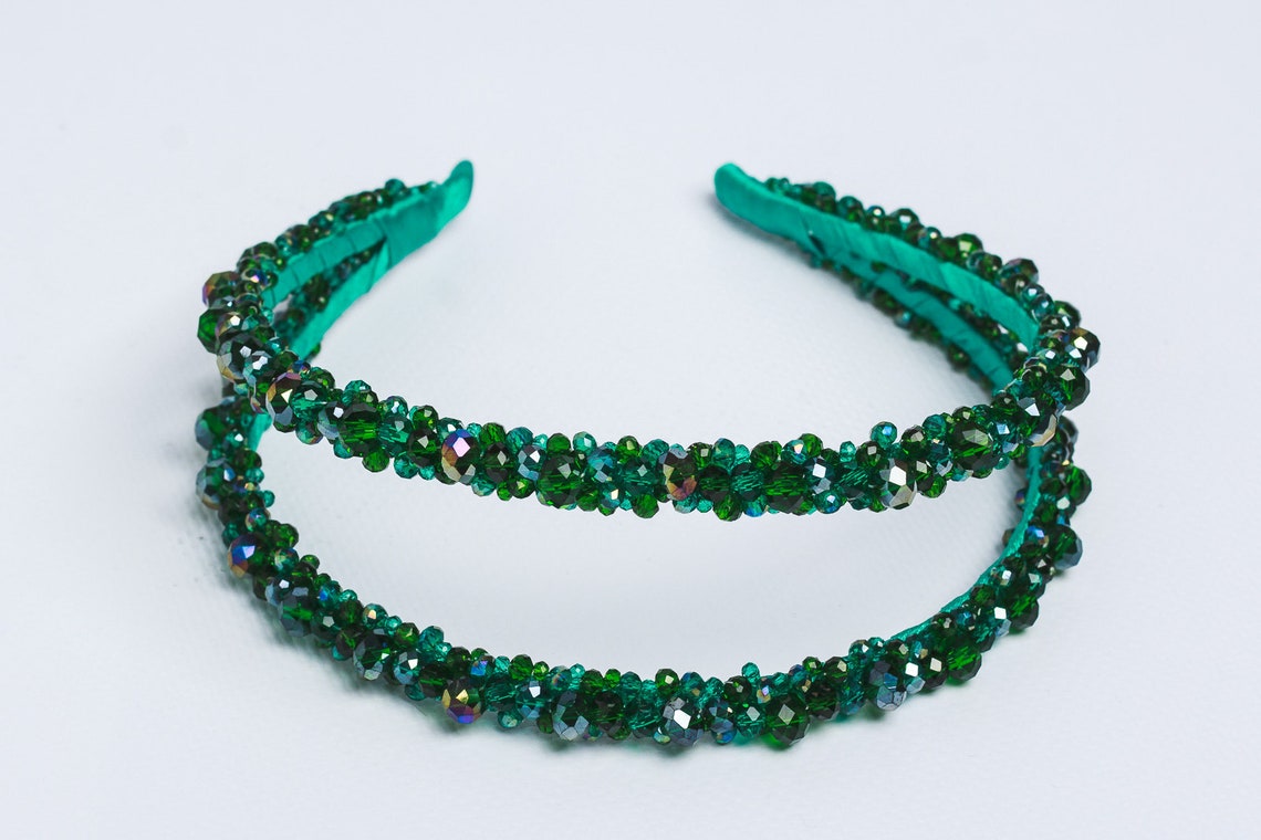 Bridal Thin Headband Double Band Tiara Emerald Beaded Headband Baroque ...