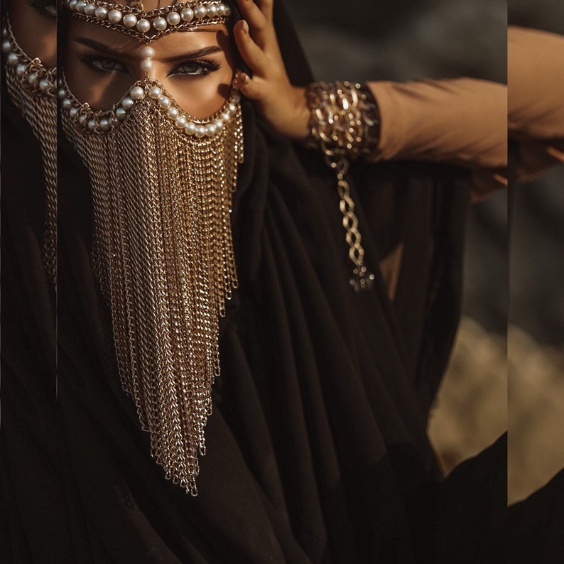 Gold Face Chain Mask, Arabic Style Stone Jewelry, Burning Man Costume ...