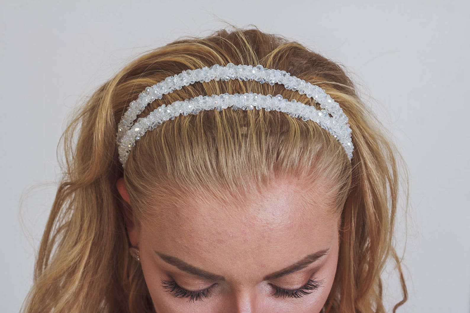 Bridal Thin Headband Double Band Tiara White Clear Beaded Headband ...