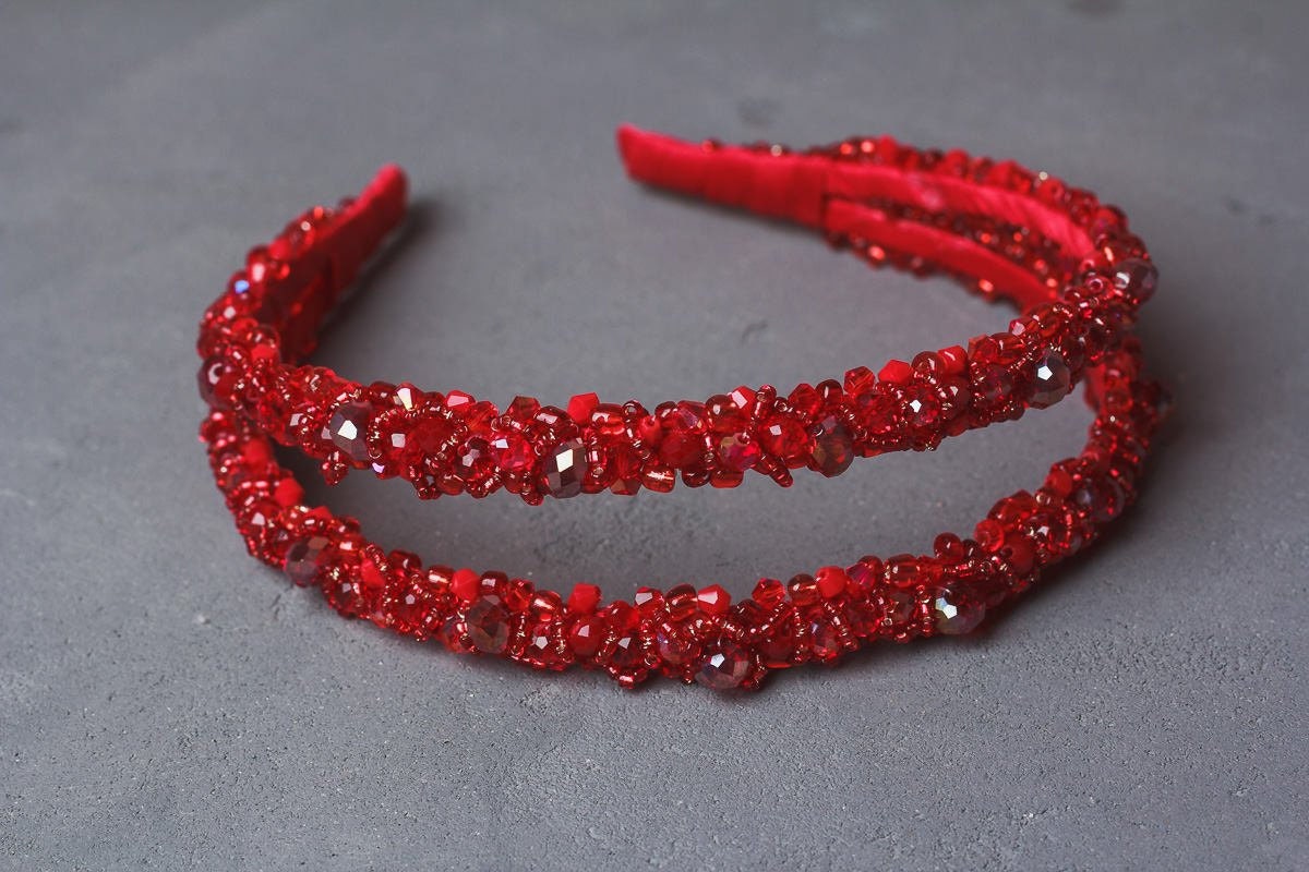 Red Beaded Double Headband - Jeweled Wedding Tiara - Etsy