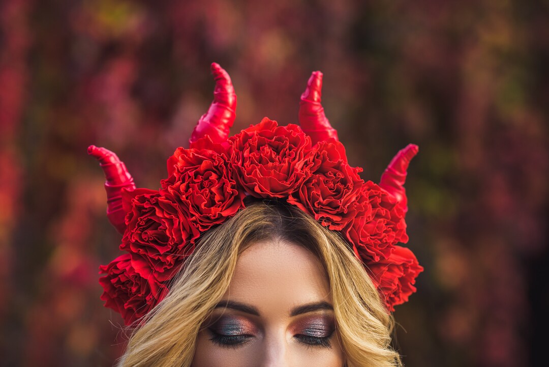 Demon Horns Headdress Red Devil Halloween Costume Crown Gothic ...