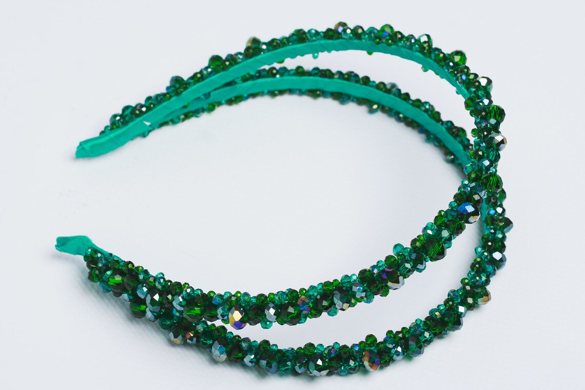 Bridal Thin Headband Double Band Tiara Emerald Beaded Headband Baroque ...