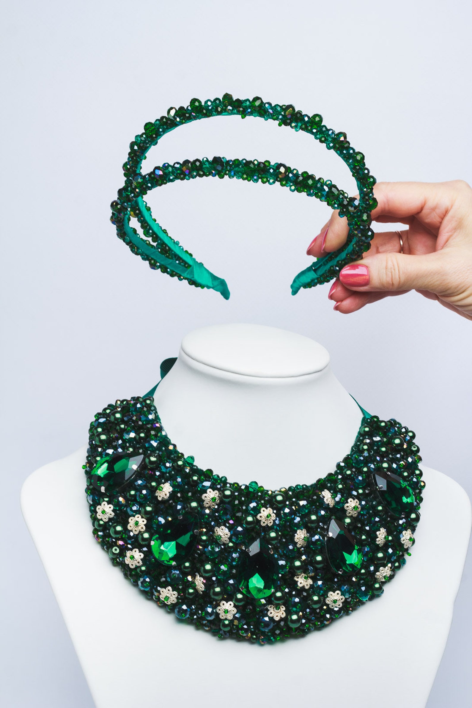 Bridal Thin Headband Double Band Tiara Emerald Beaded Headband Baroque ...