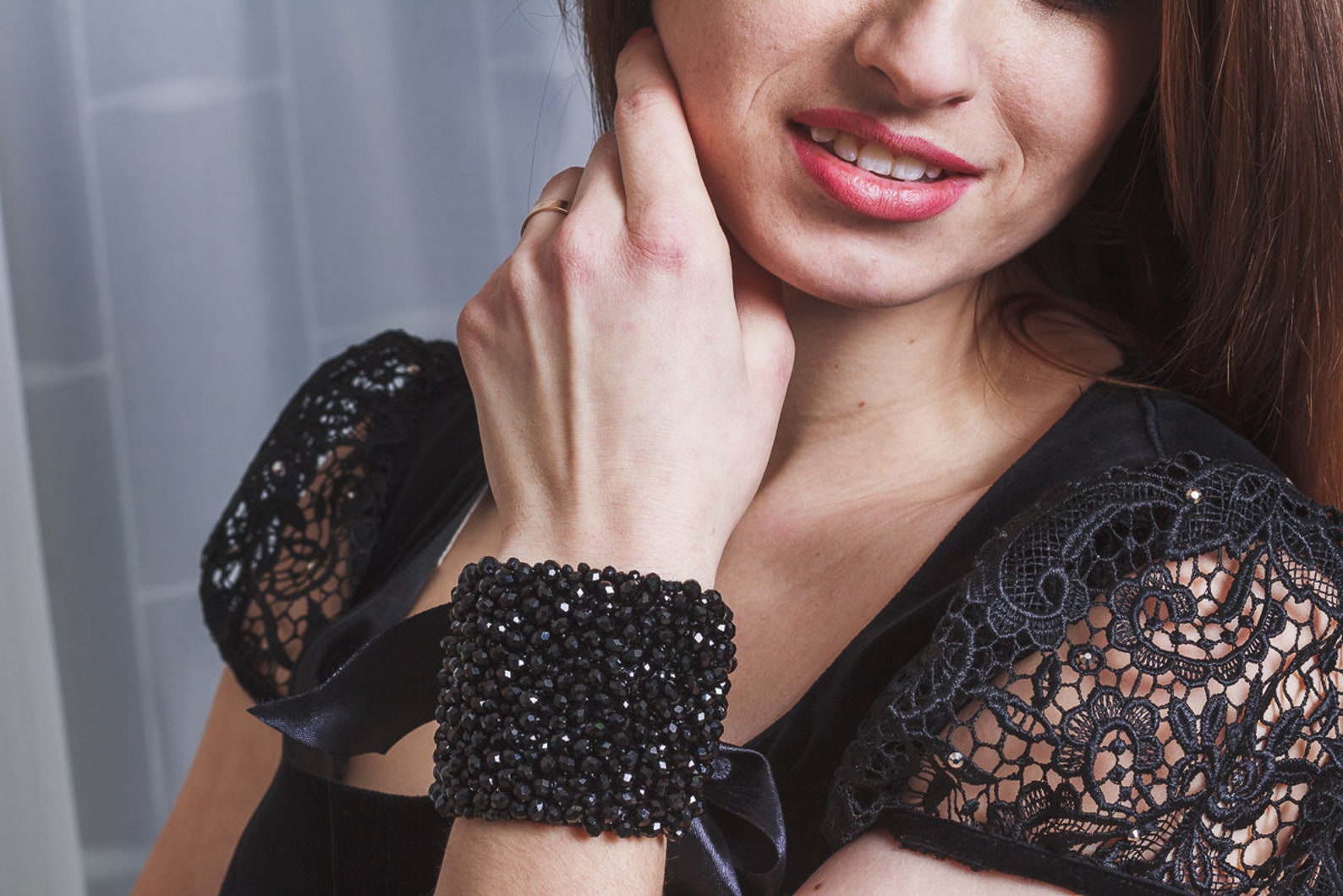 Black Beaded Wide Cuff Bracelet With Satin Ribbon - Etsy