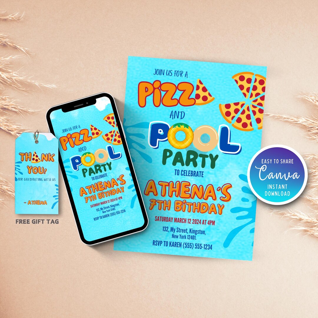 Pool Pizza Party Invitation Editable Template Pool Party Invitation ...