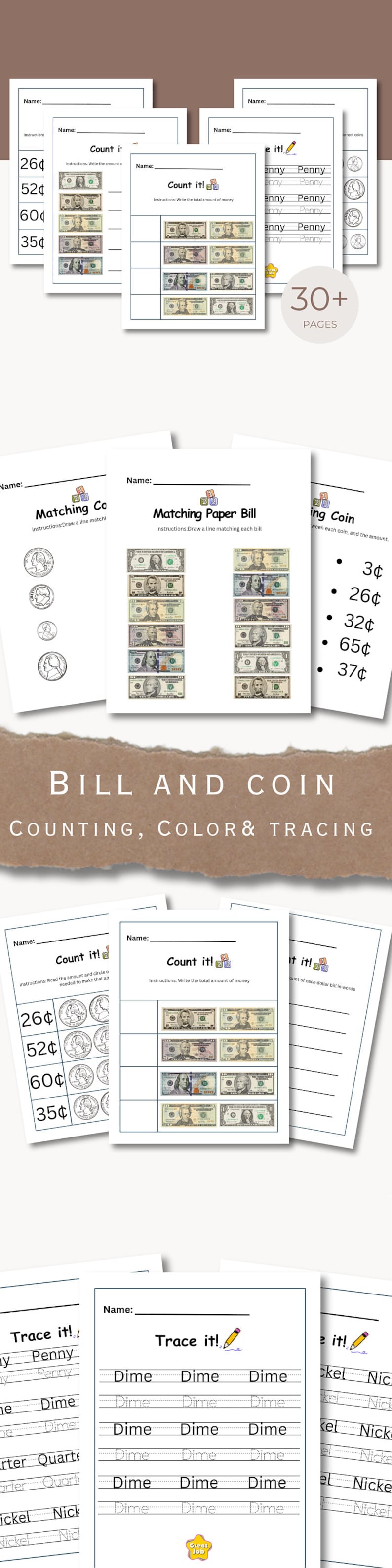 US Money Counting Worksheet Kid Coin Bill Workbook Identifying Coin ...