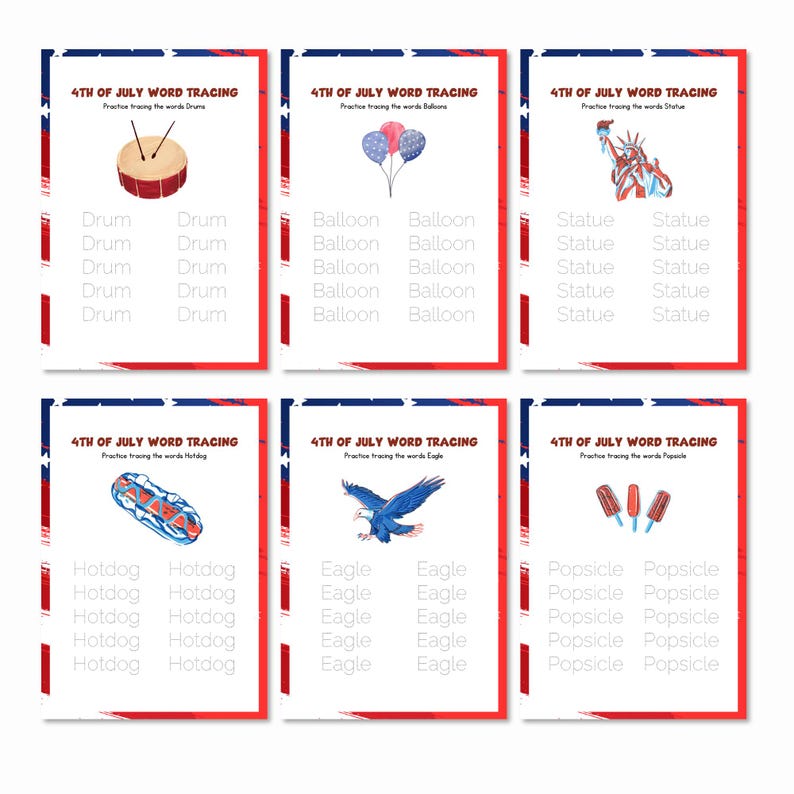 4th of July Worksheets Word Tracing Preschool Kindergarten Activity ...