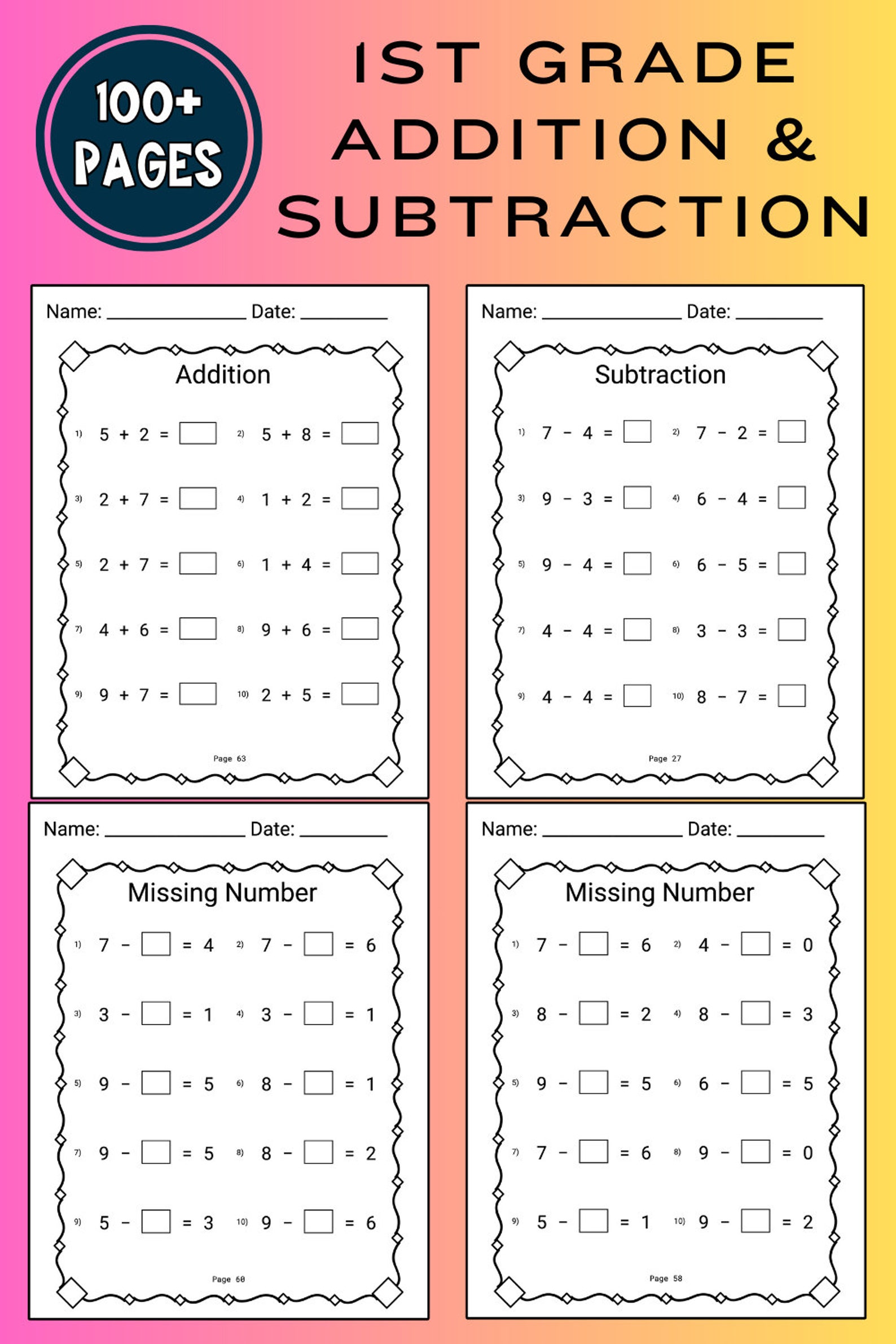 Mathematics First Grade Addition Subtraction Worksheet 1st Grade ...