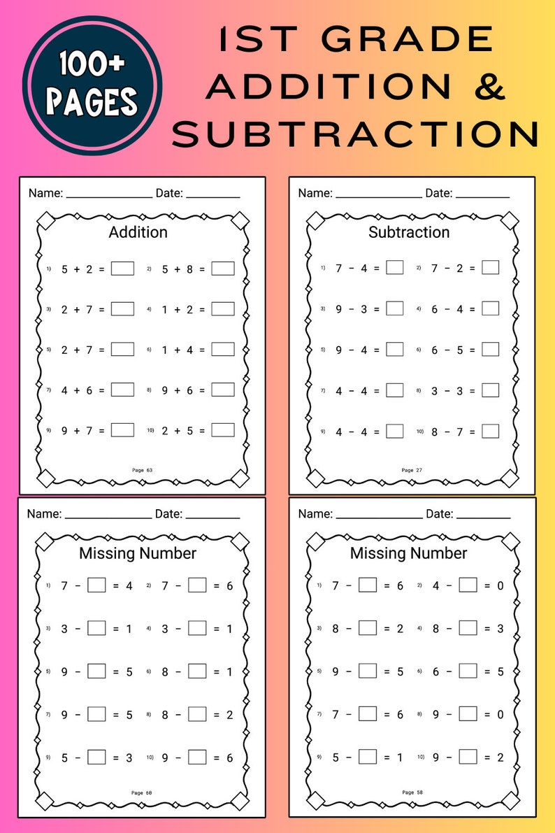 Mathematics First Grade Addition Subtraction Worksheet 1st Grade ...