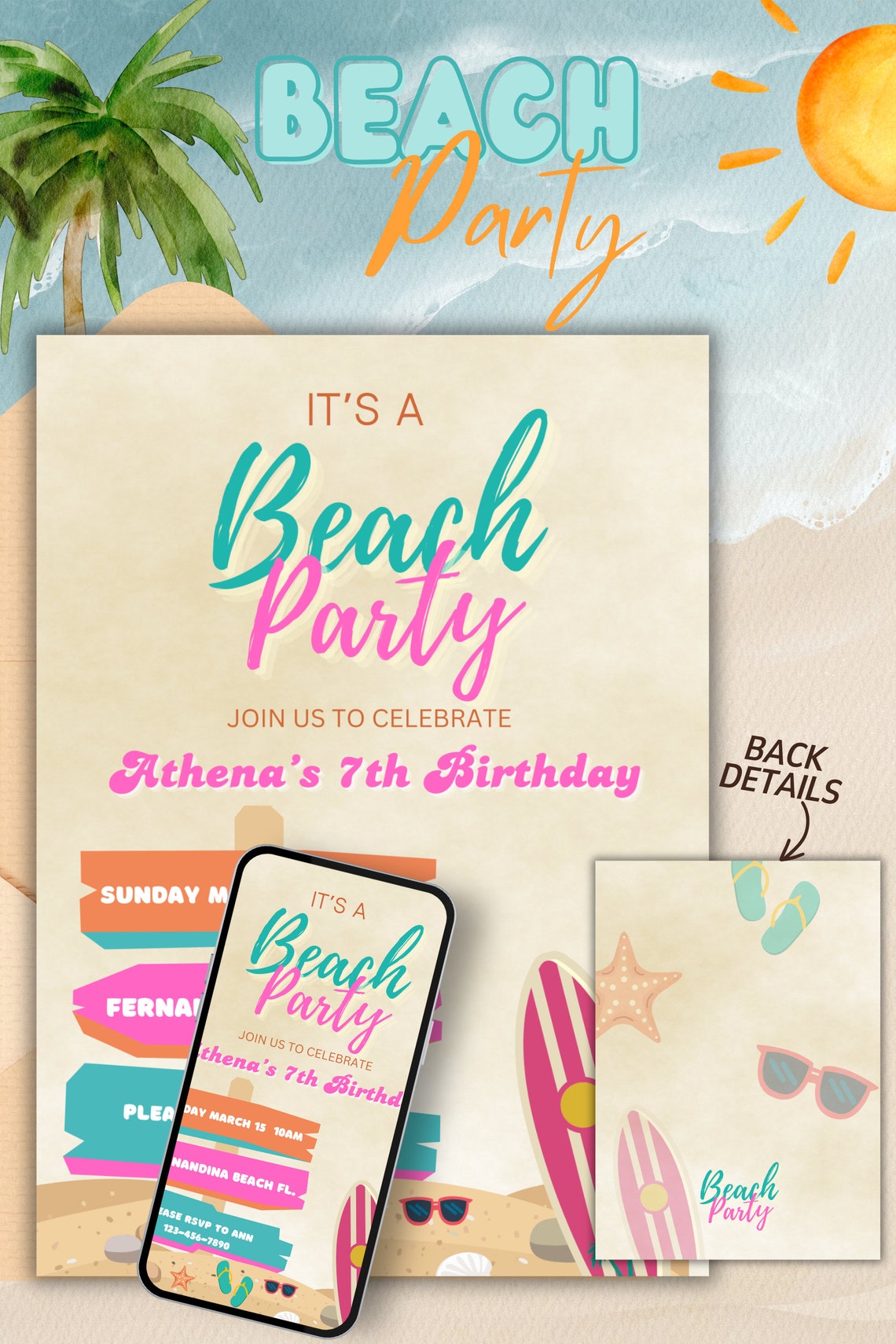 Kid Beach Birthday Invitation Girl Summer Birthday Invitation Digital ...